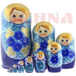 Matryoshka 10 pcs - light blue and blue flowers